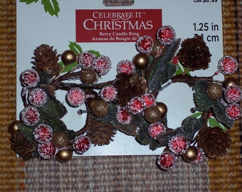 berry & pine cone taper candle ring,set fo 2,mini wreath,4 in outside ...