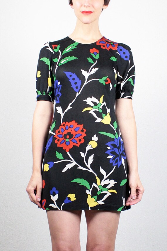 Vintage 60s Dress Mod Micro Mini Dress Black Rainbow Floral