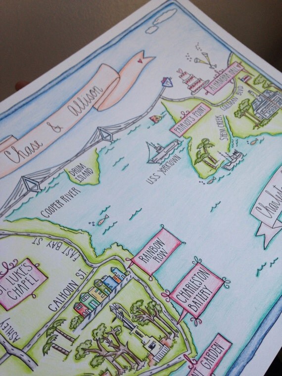 Medium Hand Drawn Wedding Map: Colored Pencil