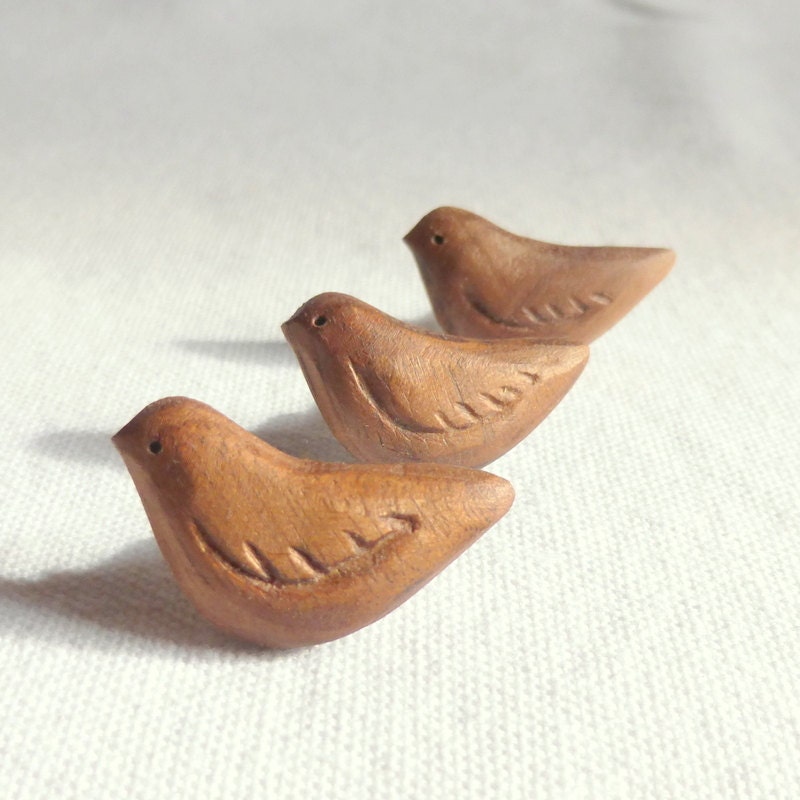Three Carved Bird Buttons Primitive Wood Button Handmade