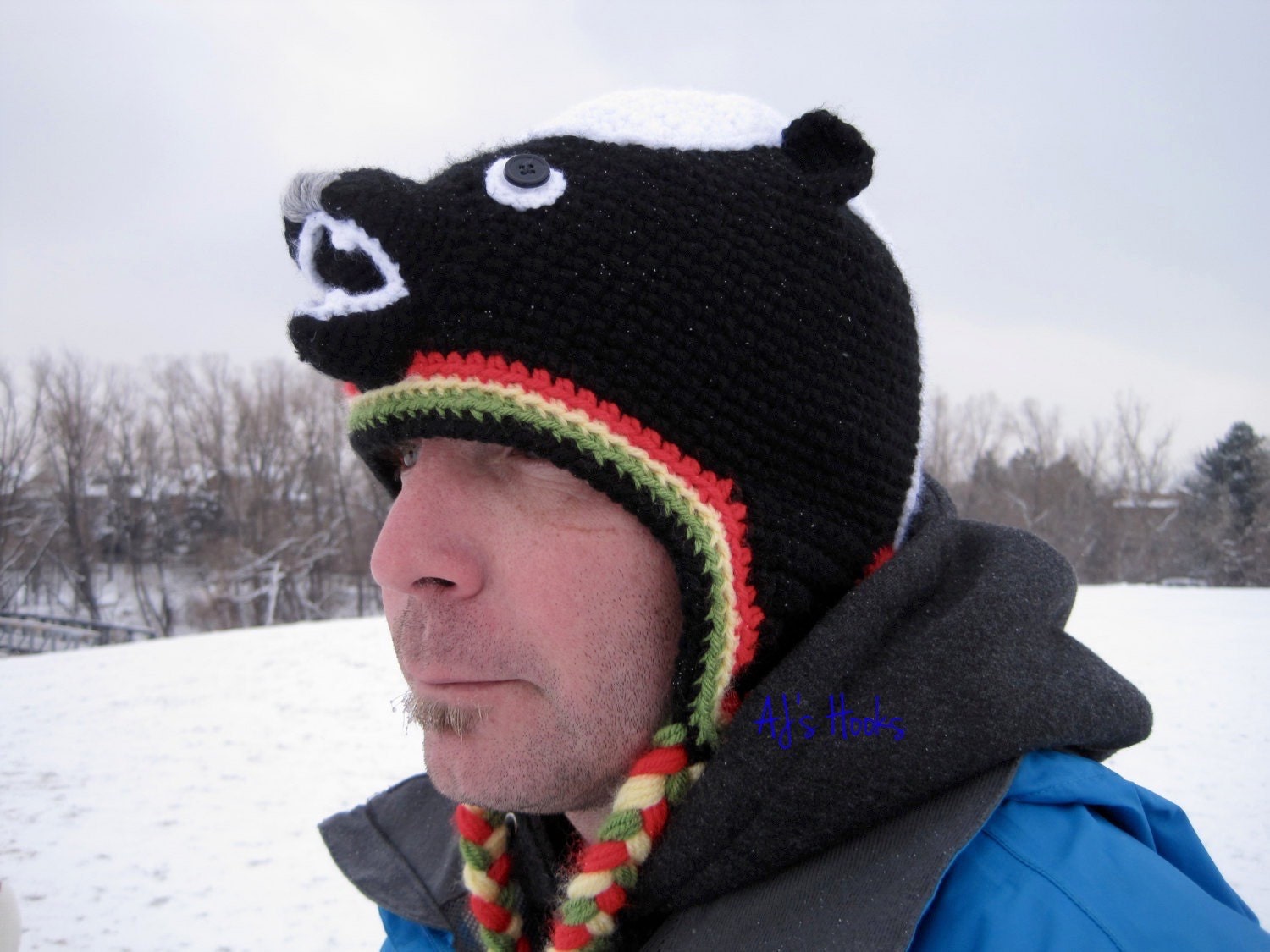 Honey Badger Hat. Hand Crocheted Honey Badger Hat For Adults.