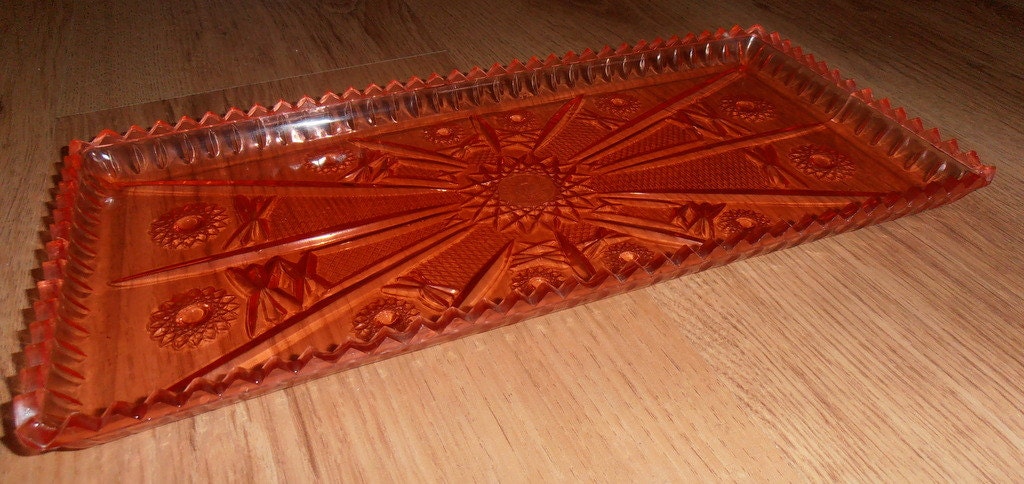 Soviet vintage plastic serving tray,engrave ornamented dish,limpid rosy ...