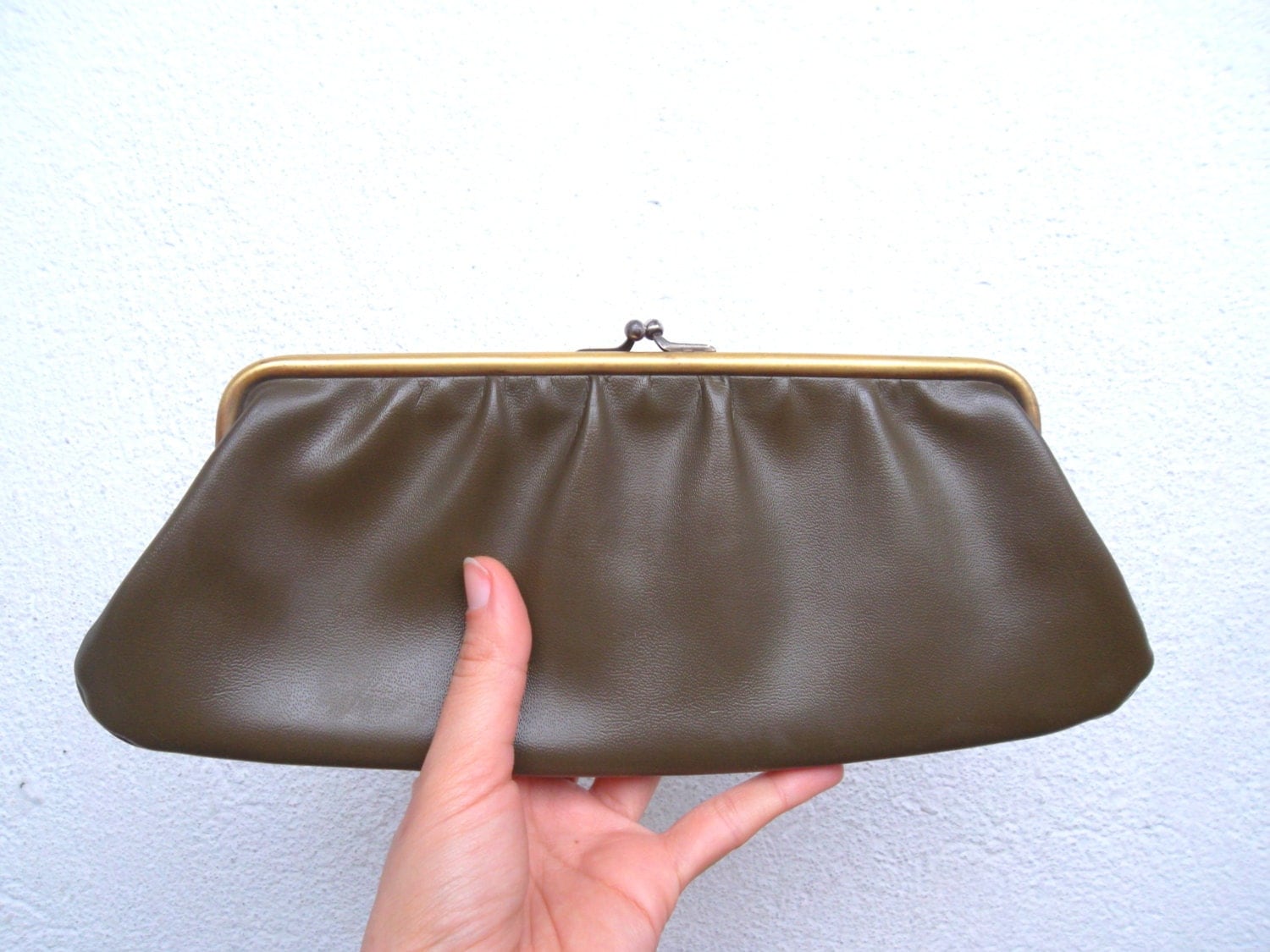 80s Clutch Wallet, Olive Green Purse With Kiss Lock Closure, Travel ...