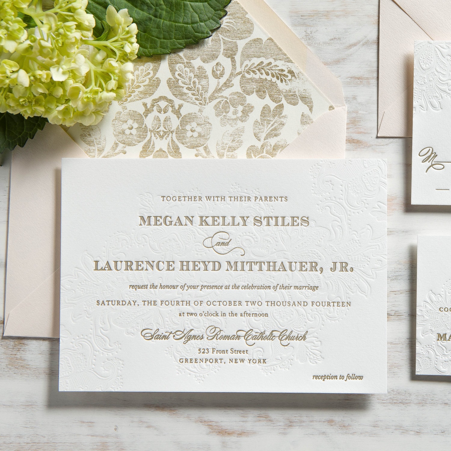 The Megan Suite | Lace Metallic Gold Letterpress Wedding Invitation ...