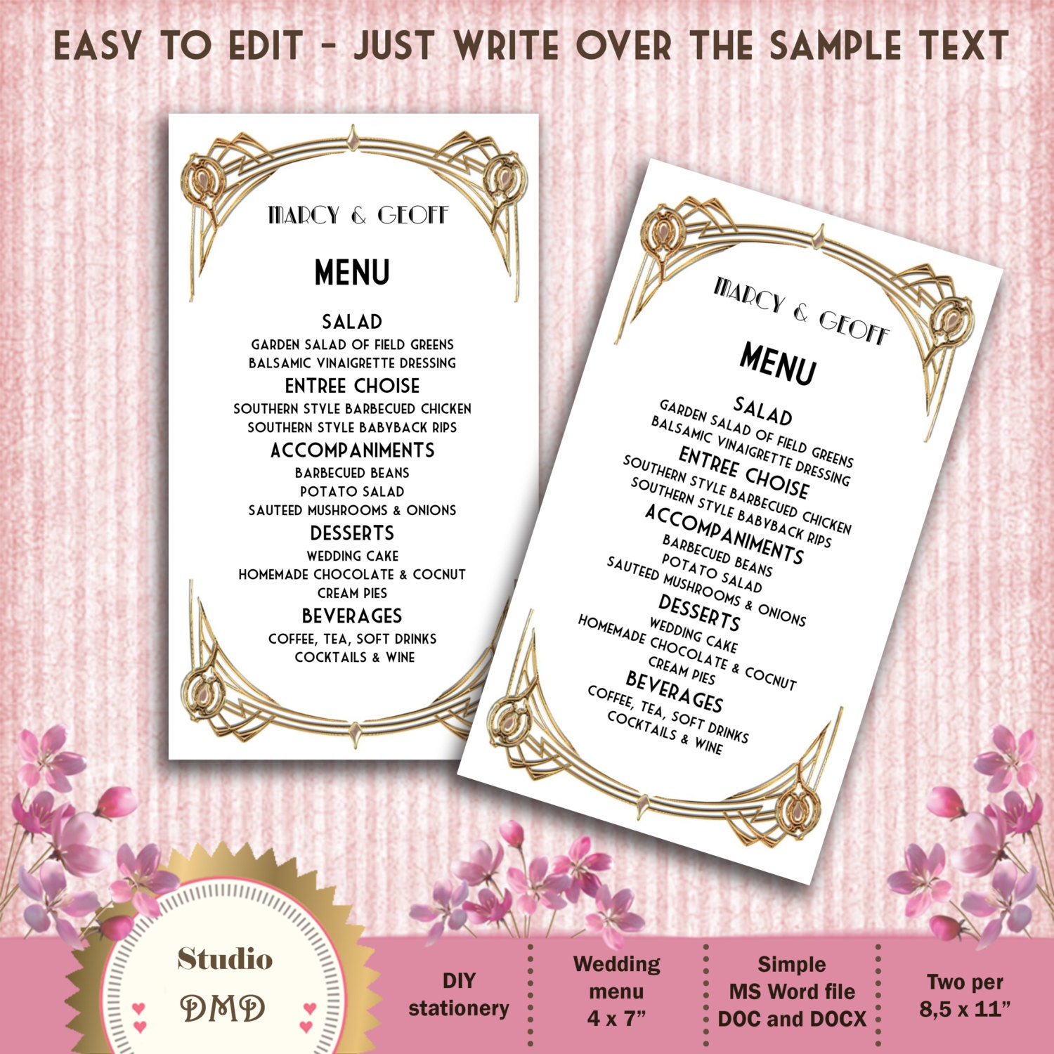 Printable Menu Card Template Great Gatsby Style Art by StudioDMD