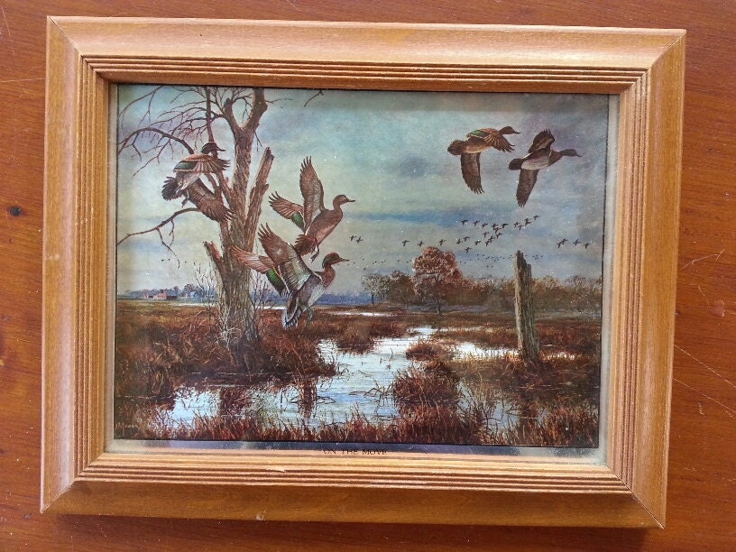 Vintage David A. Maass Framed Mallard Ducks Lithograph PRINT