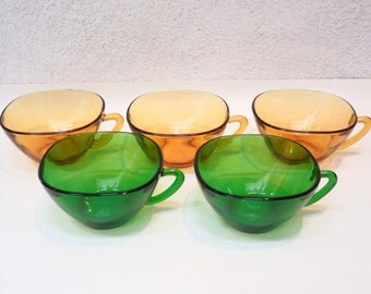 5 Vereco Glass Cups, tea set, espresso, French Vintage, Yellow Amber ...