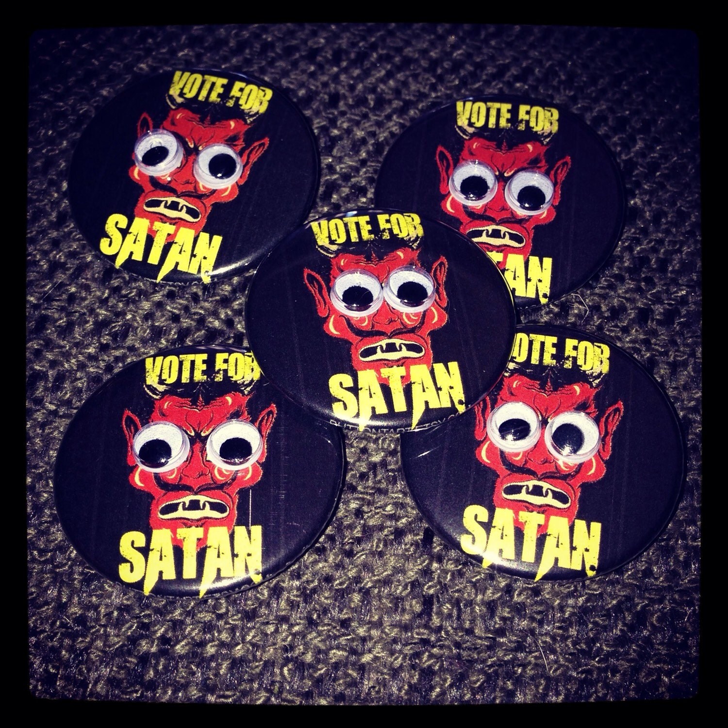 Vote for Satan googly eyed buttons! – Funny Pinback Buttons For Everyone