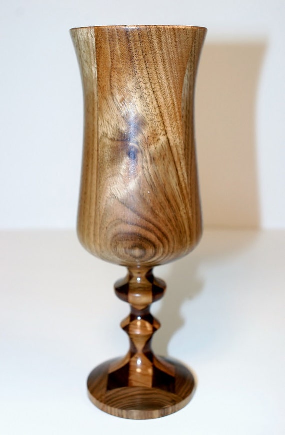 This hand made segmented wooden goblet is 3.00 wide x