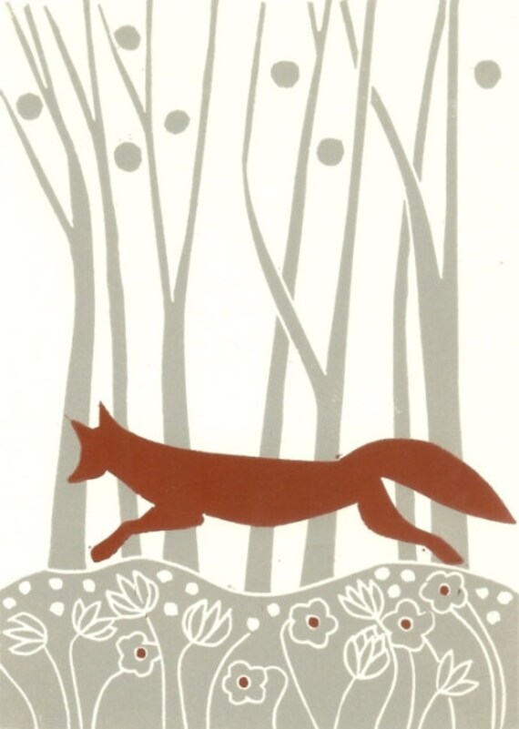 Red Fox Linocut Print Autumn Woodland AnimalsPrintmaking