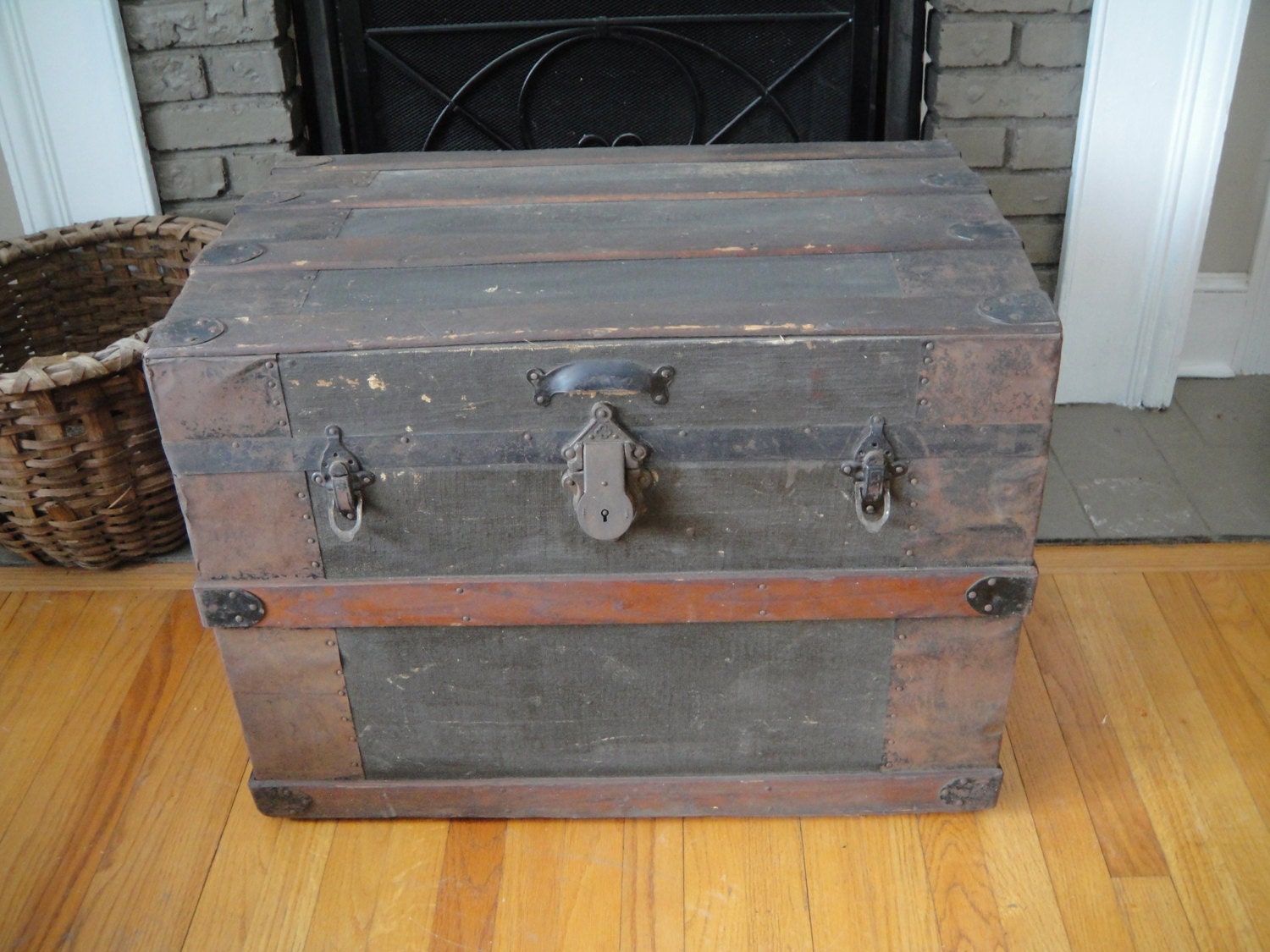 Edwardian Flat Top Steamer Trunk Foot Locker Coffee Table Antique ...