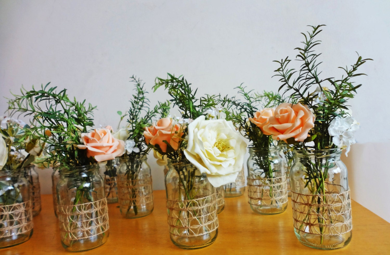 Rustic Spring Summer wedding Jar Centerpieces Flowers for jars
