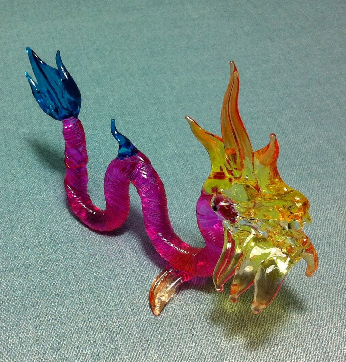 Hand Blown Glass Dragon Animal Cute Pink Orange Blue Figurine