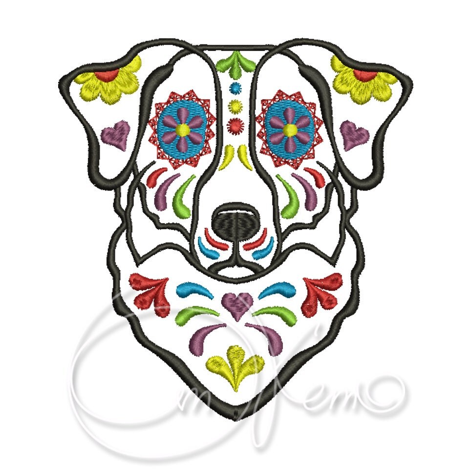 MACHINE EMBROIDERY DESIGN Calavera Aussie dog Dia de los