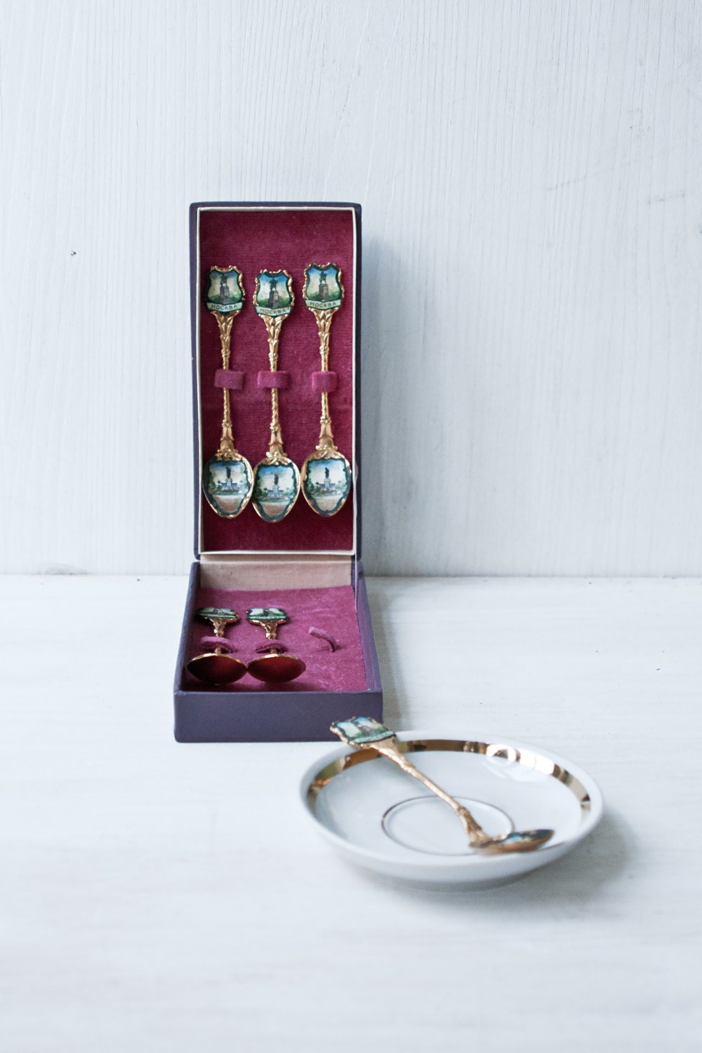 Vintage Soviet Russian full set of 6 souvenir spoons in original box ...
