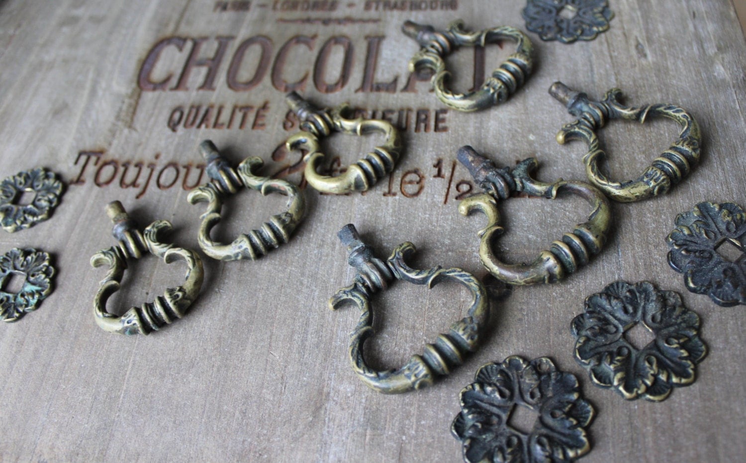 Antique Brass Drop Ring Drawer Pulls Handles with Back Plates Empire ...