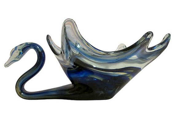 Deep Blue Blown Glass Swan Bowl