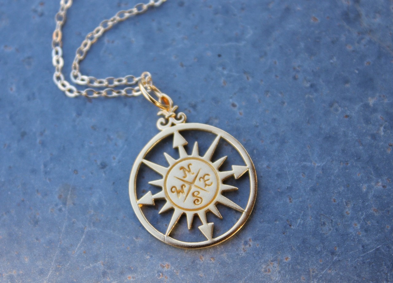 Golden compass necklace 24k gold plated compass rose charm