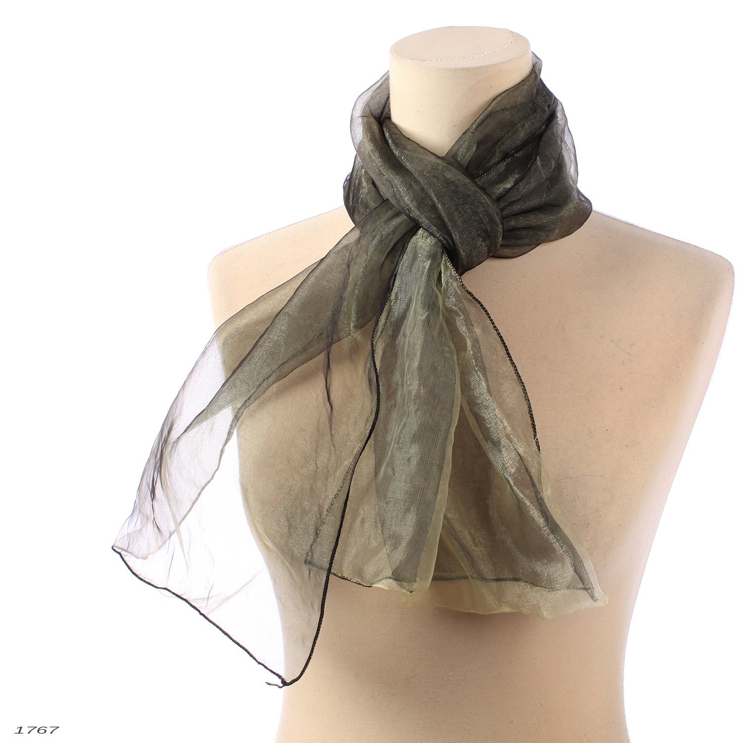 Vintage SHEER Scarf . Moss GREEN Nylon Long Neck Shawl Transparent ...