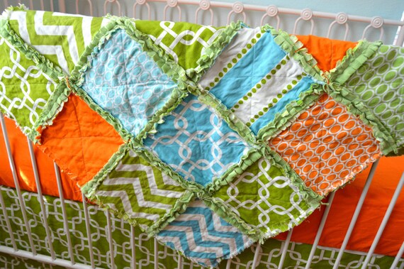 Items similar to Raggy Patchwork Blanket- Orange, Aqua, Lime Green- Rag ...