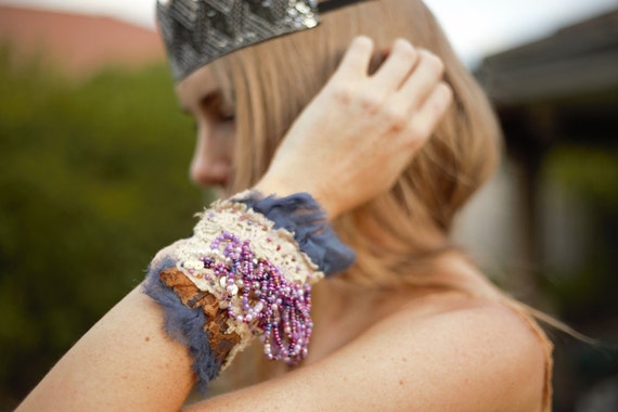 Items similar to purple beaded cuff, boho beaded cuff, violet beaded ...