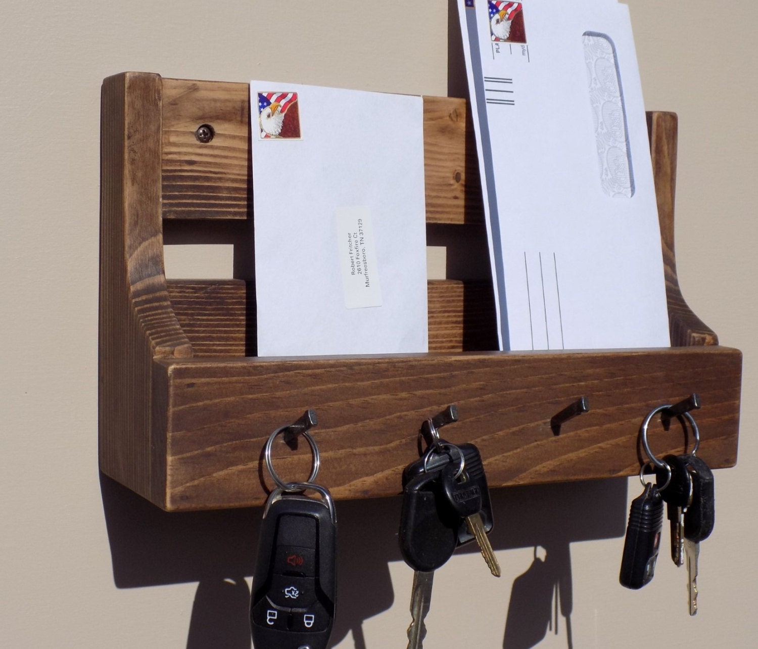 Handmade Rusic Entryway Mail And Key Holder Dark Walnut Finish