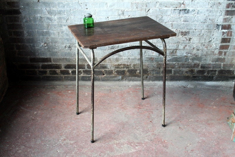 Vintage Warm Industrial Wood Metal Tray Side Table Plant Stand Mid ...