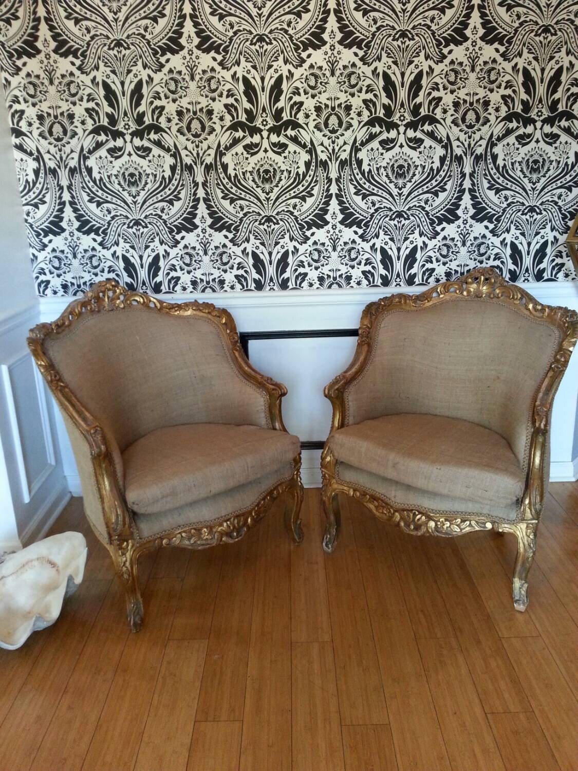 French Chairs. Rococo style antique lounge chairs. Pair of ornate ...