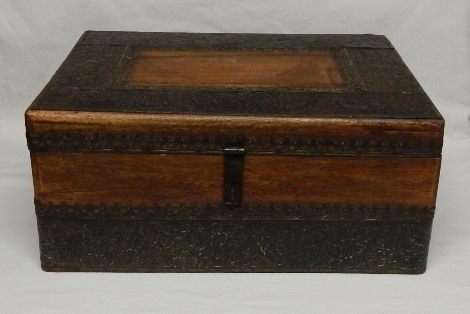 Large Antique Wood & Embossed Metal/Tin Keepsake Lock Box / Fancy ...