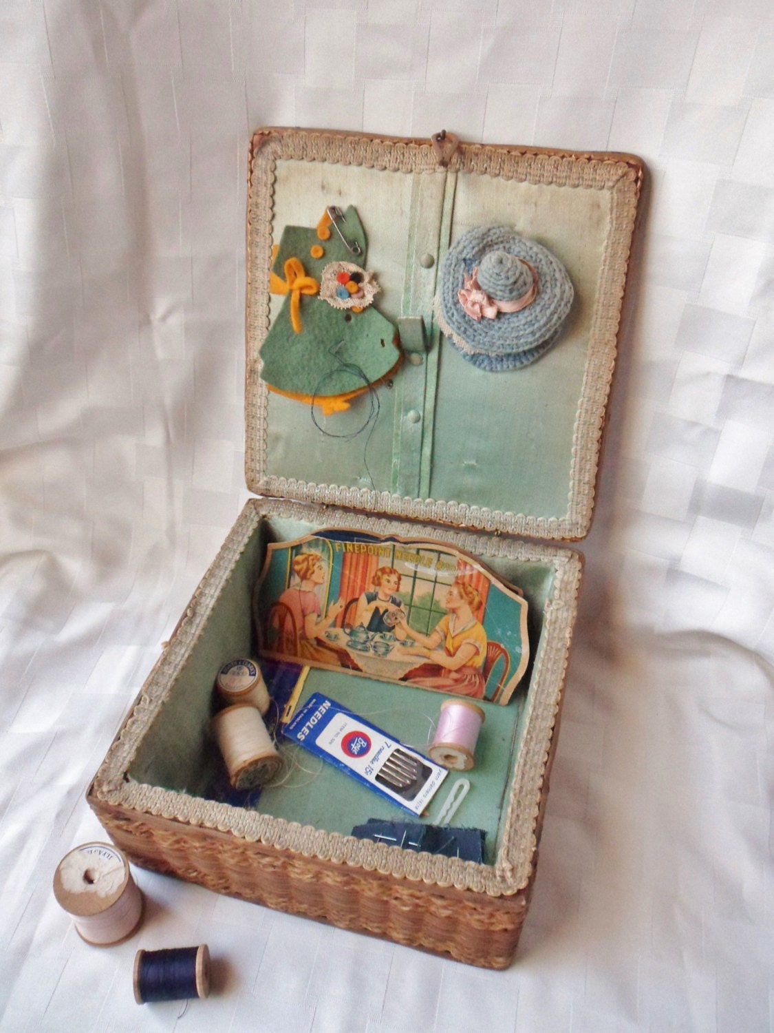 Antique Sewing Basket with Handmade Needle Holders, Wooden Sewing Box ...