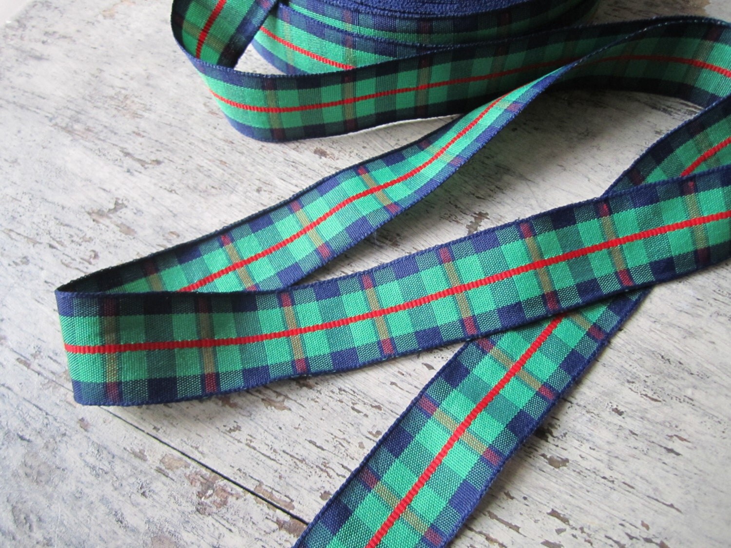 5 yds. of blue and green tartan ribbon, plaid trim - 1" wide blue ...