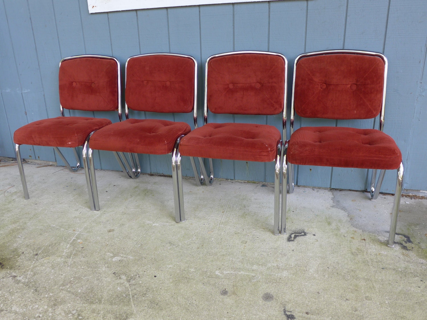 4 Chrome and Red Velvet Dining Chairs by Daystrom Vintage 70s Chair ...