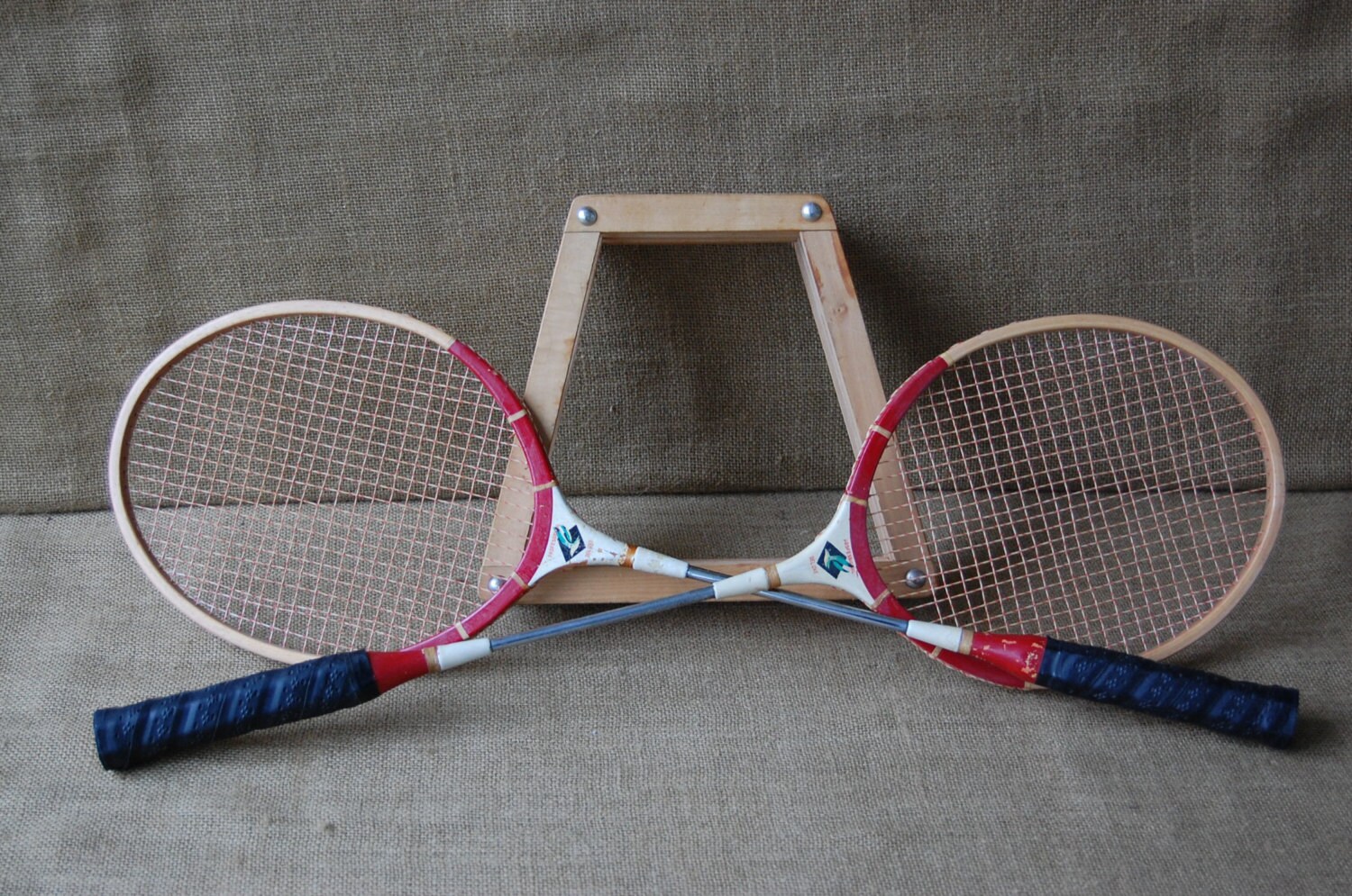 Vintage pair professional badminton rackets with wood frames