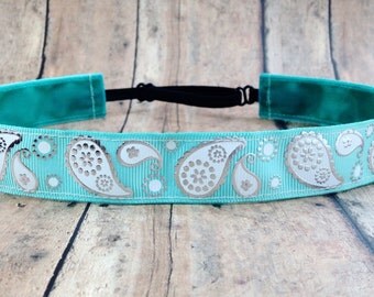 Items similar to Brown with turquoise pokka dots non slip headband ...