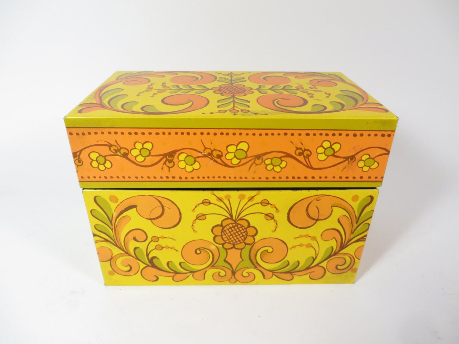 Vintage Yellow Tin Recipe Box – 1970s Yellow Orange Floral Avon Recipe ...