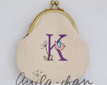 Hand-embroidered coin purse | Personalized K blue metal frame pouch ...