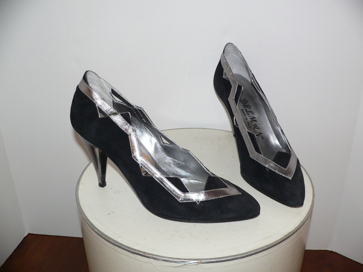 Vintage Delman Shoes Black Suede and Silver with Coutouts