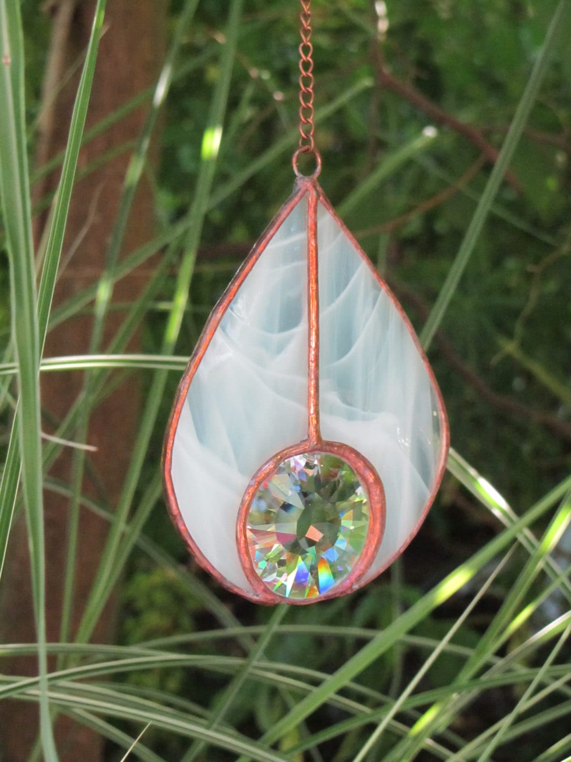 Wispy White Stained Glass Crystal Raindrop by AnnSmythStainedGlass