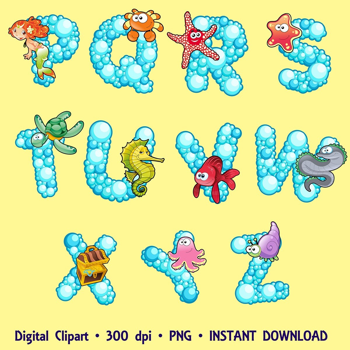 Alphabet Digital Clipart Fonts ABC Images Bubbles Sea Animals
