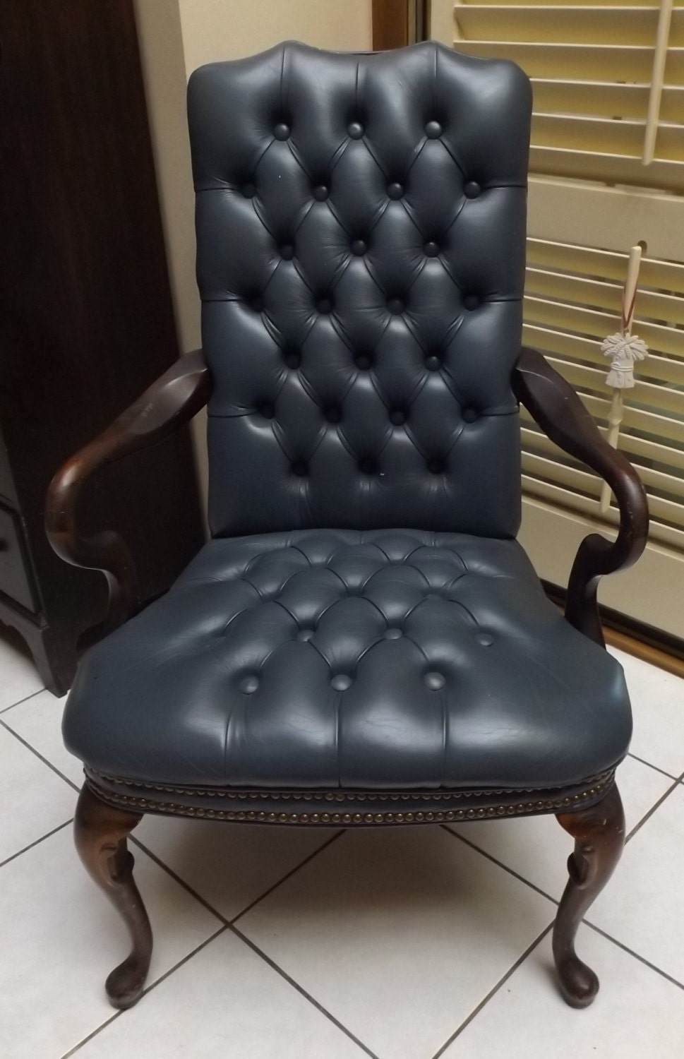 Retro Blue leather tufted Queen Anne Office Library Chair with wooden ...