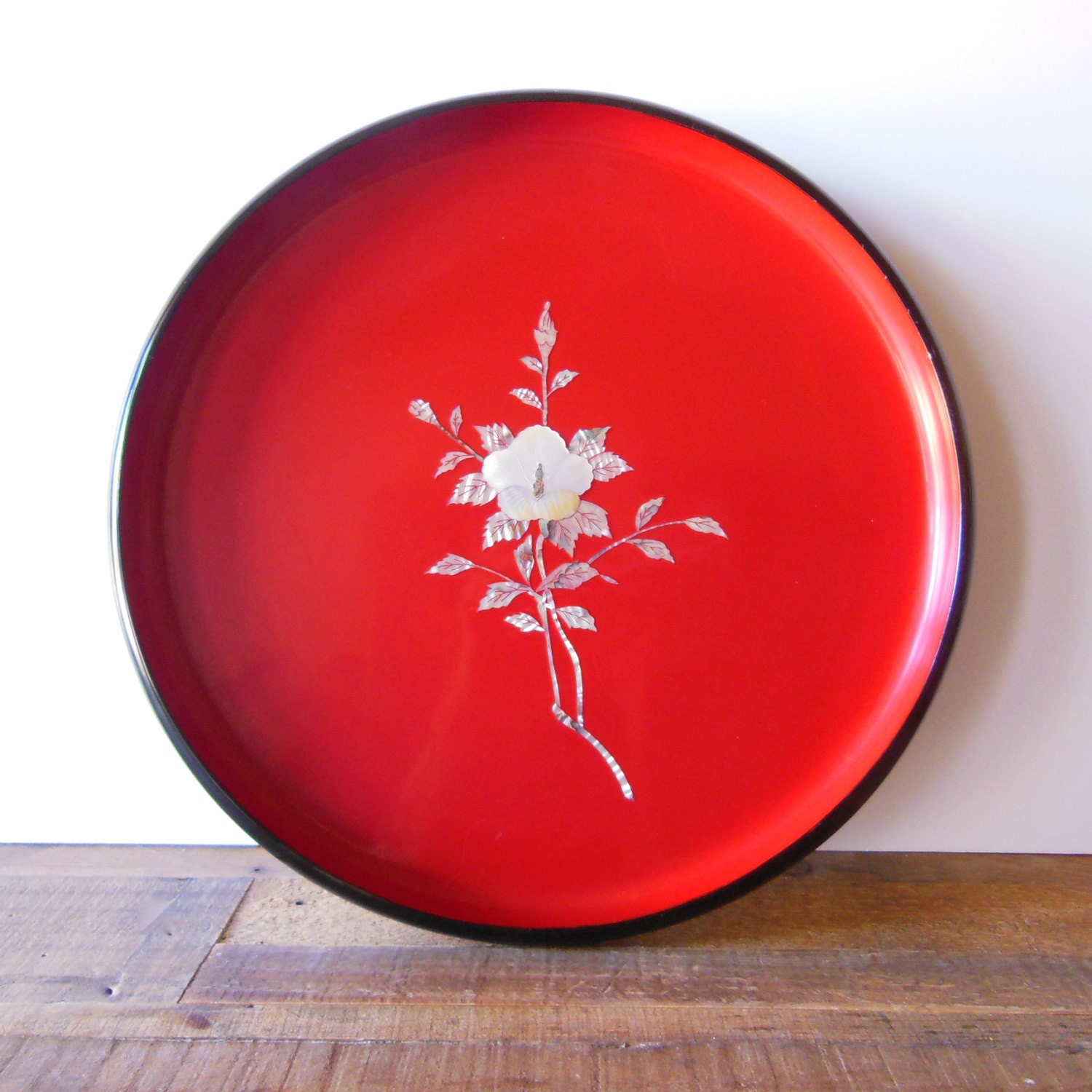 Large red lacquer tray, vintage Asian with MOP inlay, footed 15 inch ...