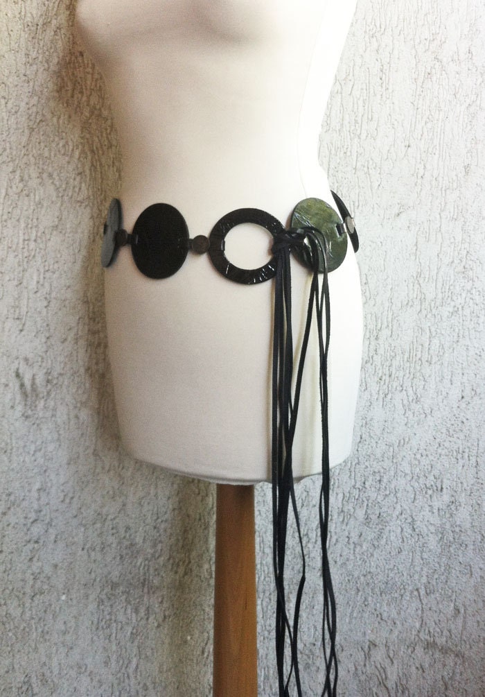 Bohemian Fringed Belt Vintage Boho 70s Style Leather Black Griffed ...