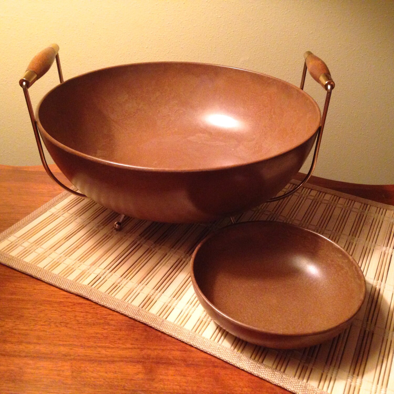 Vintage Connor-Ware “Maple-ite” small and large bowl with brass stand ...