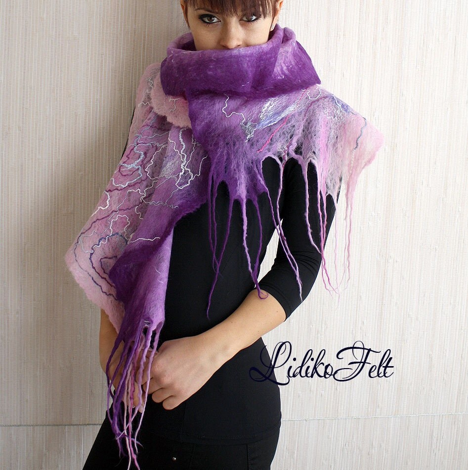 Felted Wool Cobweb Ruffle Scarf Shawl Wrap PINK PURPLE