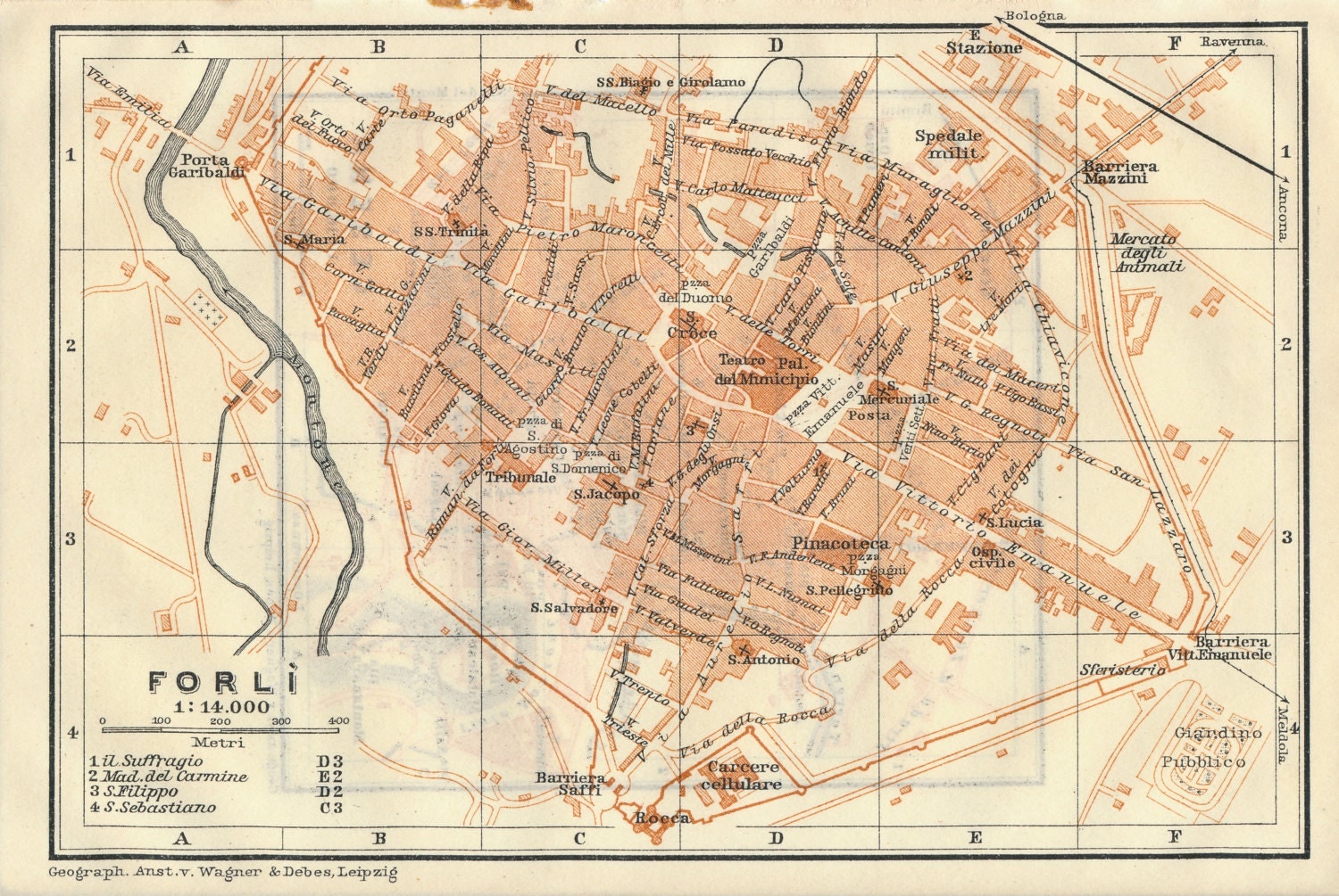 1909 Forli Italy Antique Map