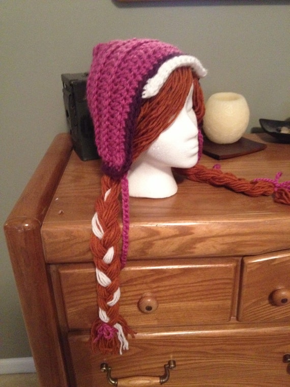 Crochet Anna Frozen Princess Beanie Hood with white streak