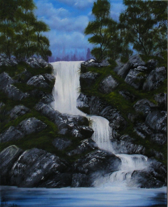 Original Landscape Oil Painting Rock Waterfall on Canvas