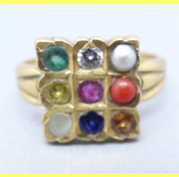 Antique Indian Navaratna Ring Gold 9 Gem Protection Amulet Man