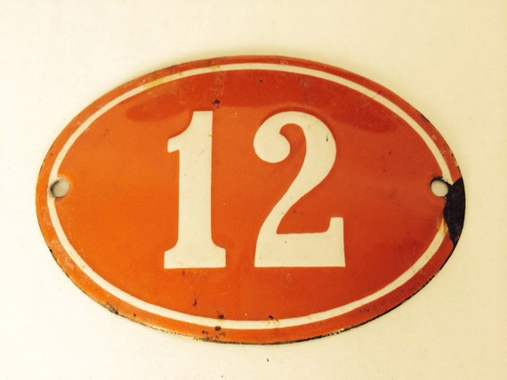Vintage Orange White Oval Enamel Door Number 12