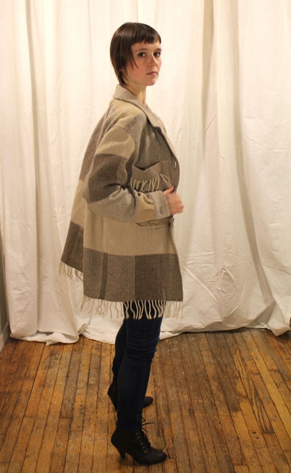 Fringed Burlap White Beige and Brown Shirt Jacket // Grunge